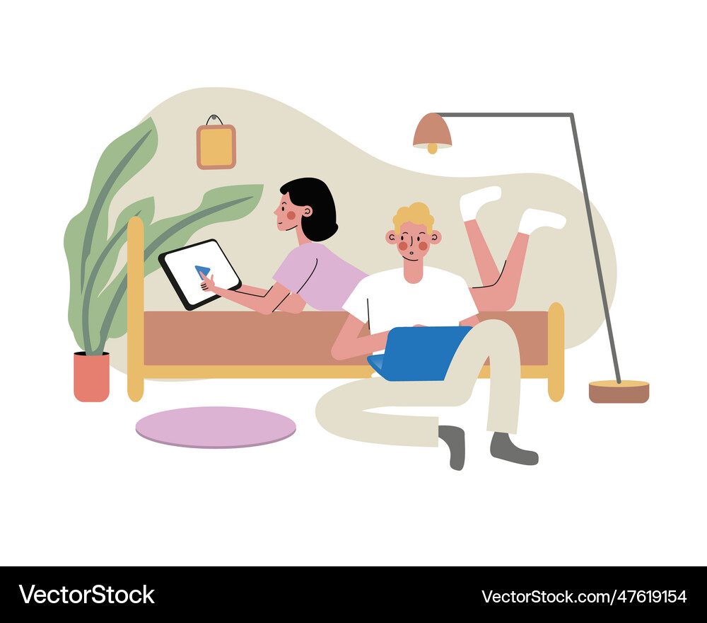 Cartoon couple working from home on laptops Vector Image