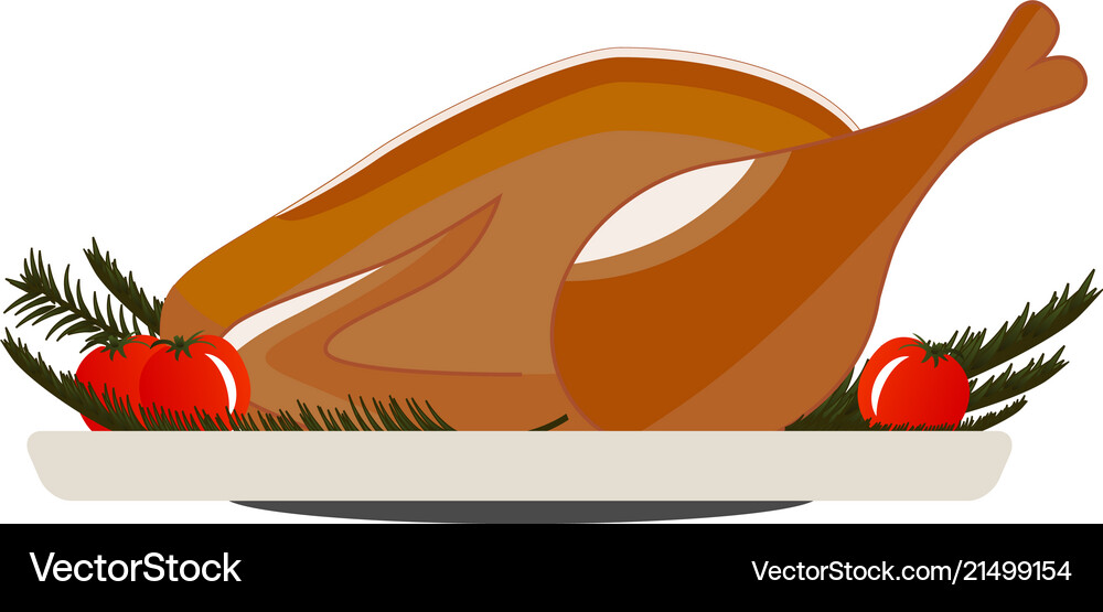 Flat of fried turkey with tomatoes and branches Vector Image