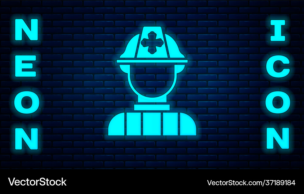 Glowing neon firefighter icon isolated on brick Vector Image