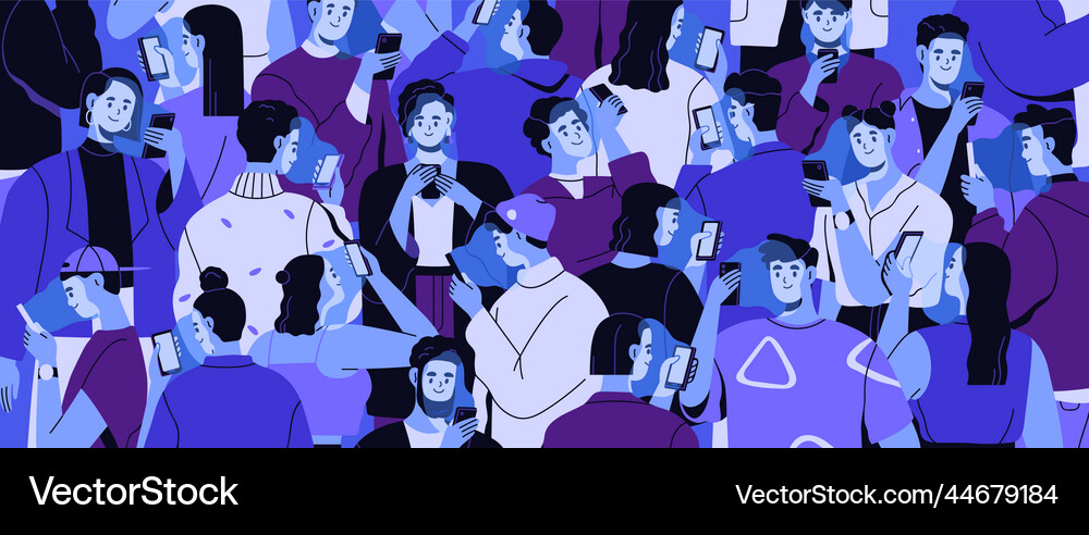 People crowd with mobile phones in hands Vector Image
