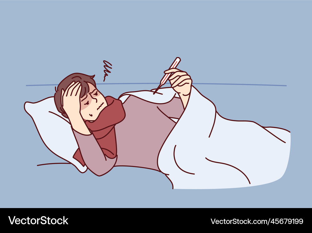 Sick guy lies on sofa or bed under blanket and Vector Image