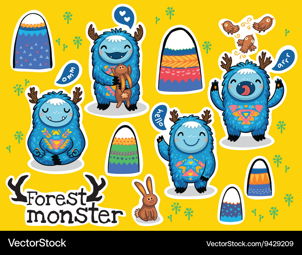 Cartoon funny monsters stickers collection Vector Image