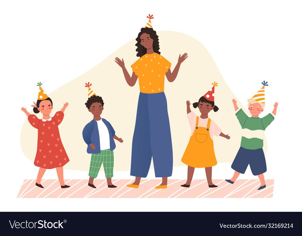 Diverse young kids with party hats in kindergarten