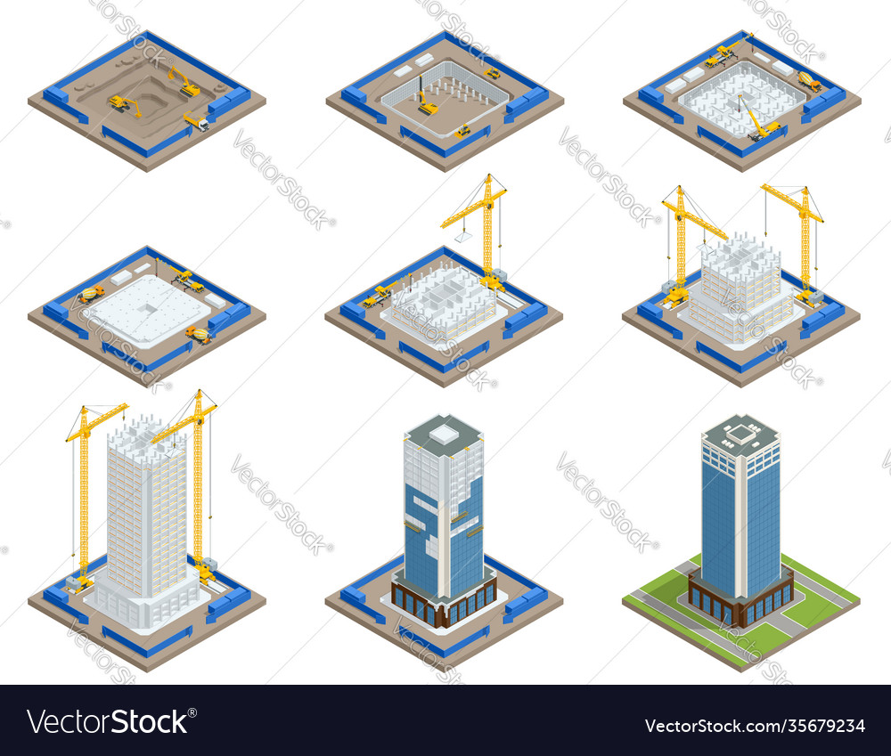 Isometric skyscraper construction process Vector Image