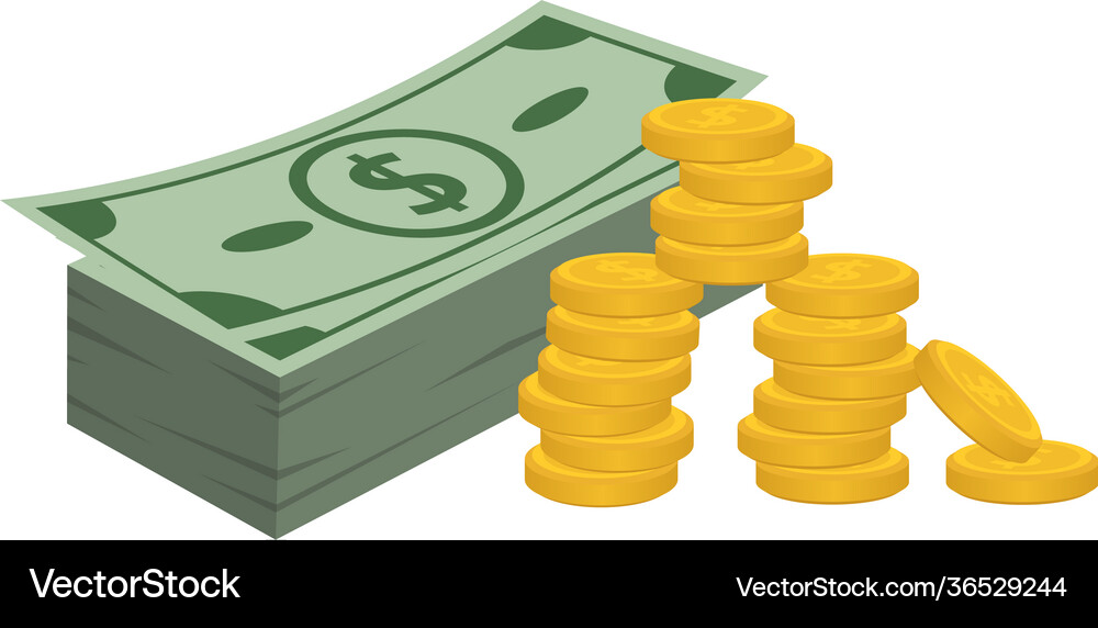 A bundle money and gold coins on white Royalty Free Vector