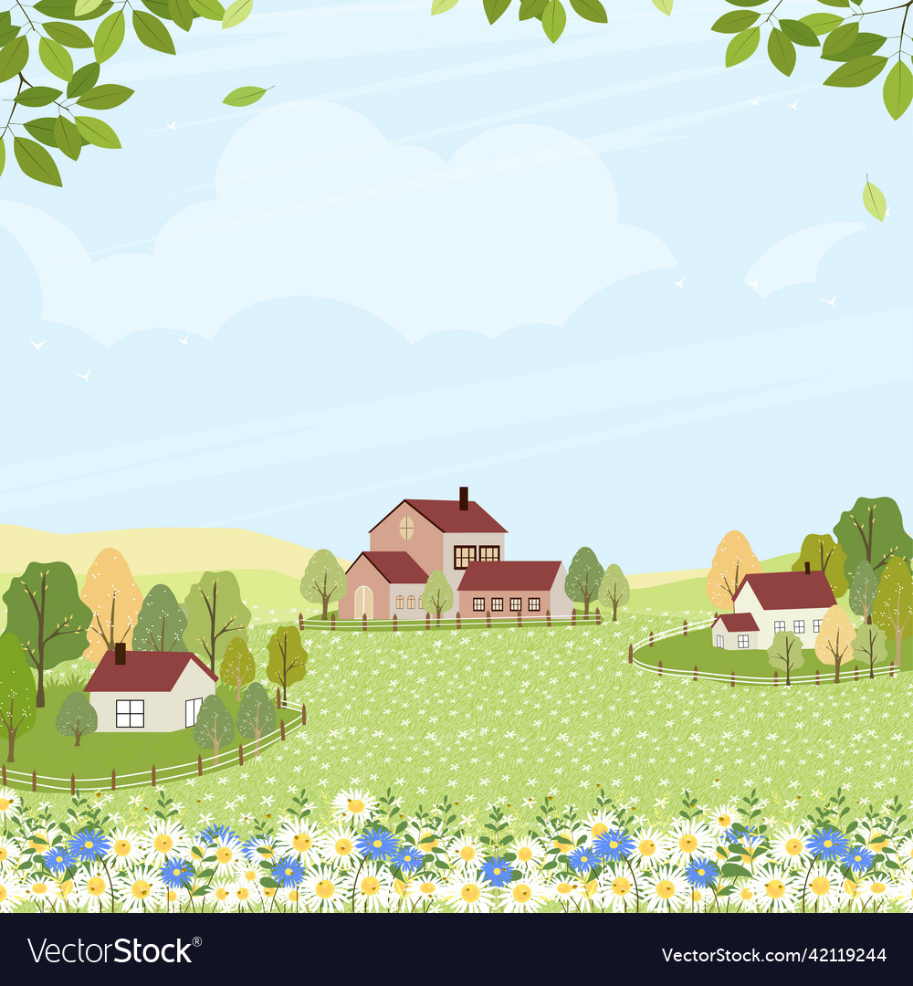 Spring field with cottage house and cloud on blue Vector Image