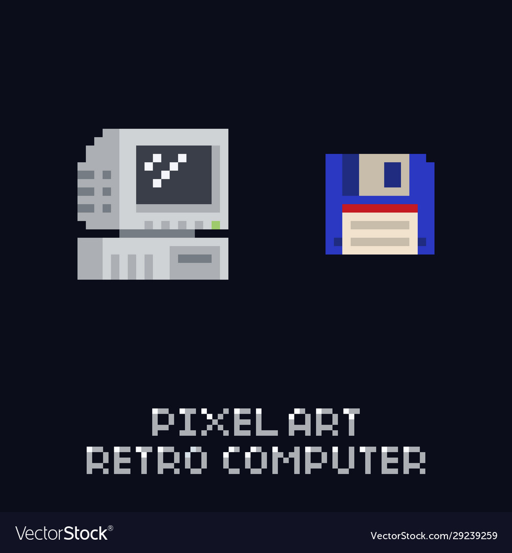 Pixel art retro computer and blue floppy diskette Vector Image Pixel art retro computer and blue floppy diskette Vector Image