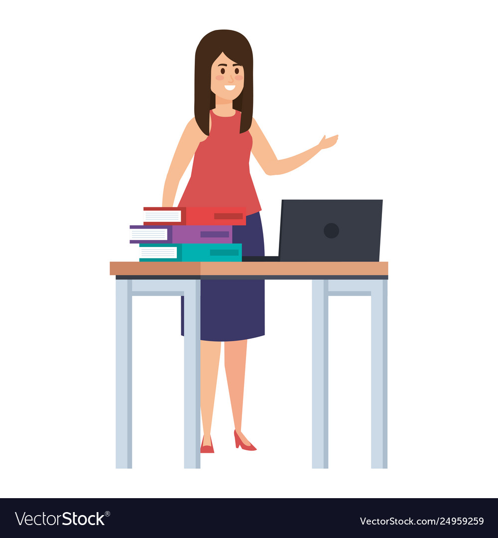 Young teacher female in desk with laptop and books