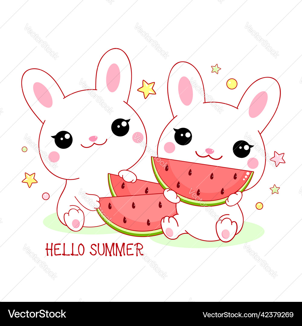 Two White Bunnies with Watermelon - Summer Fun Vector Image