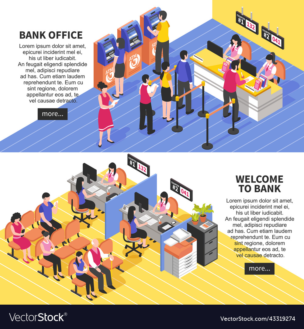 Bank office horizontal isometric banners Vector Image Bank office horizontal isometric banners Vector Image