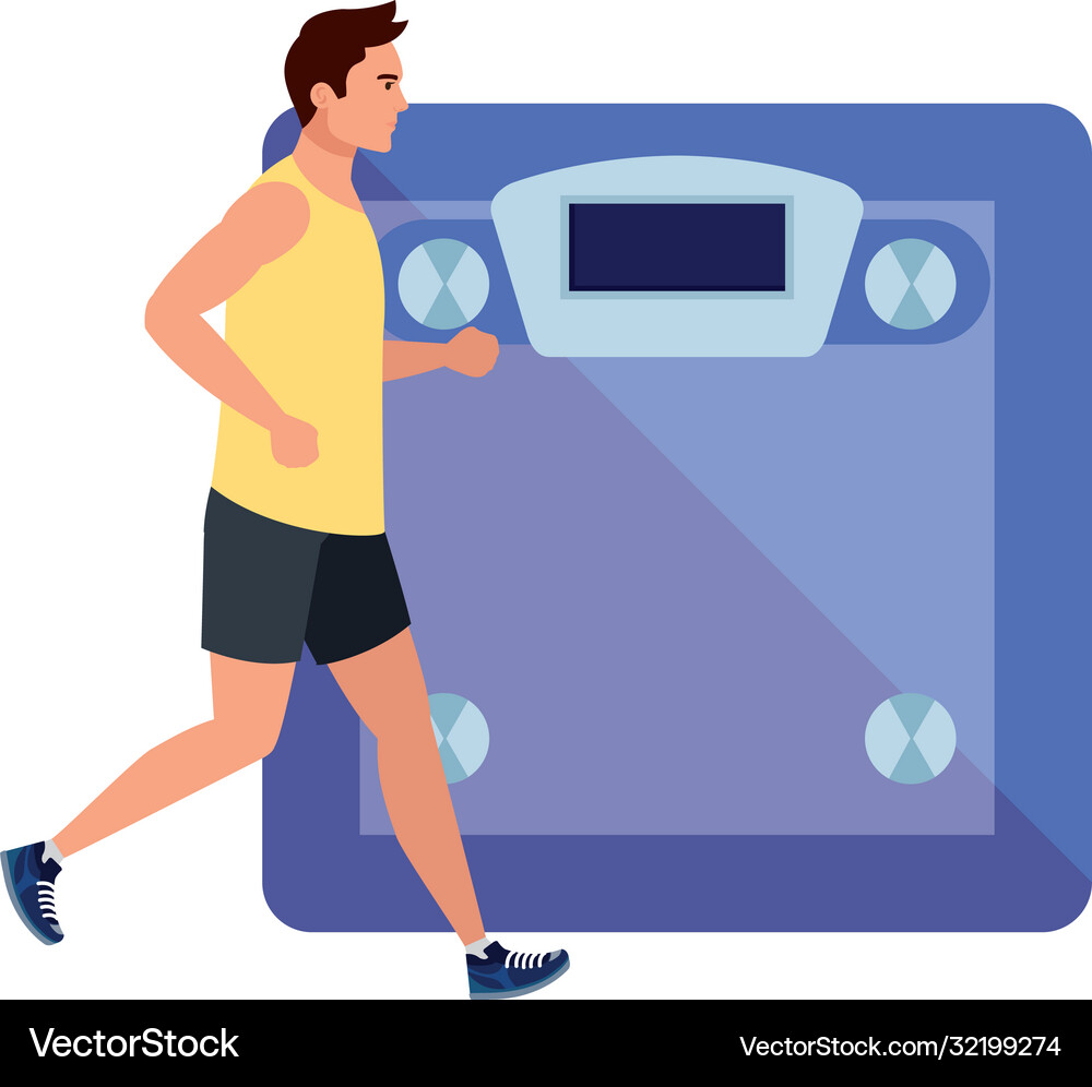 Man running with weighing scale background male Vector Image