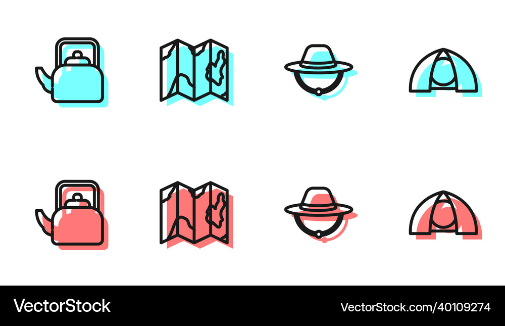 Set line camping hat kettle with handle location Vector Image