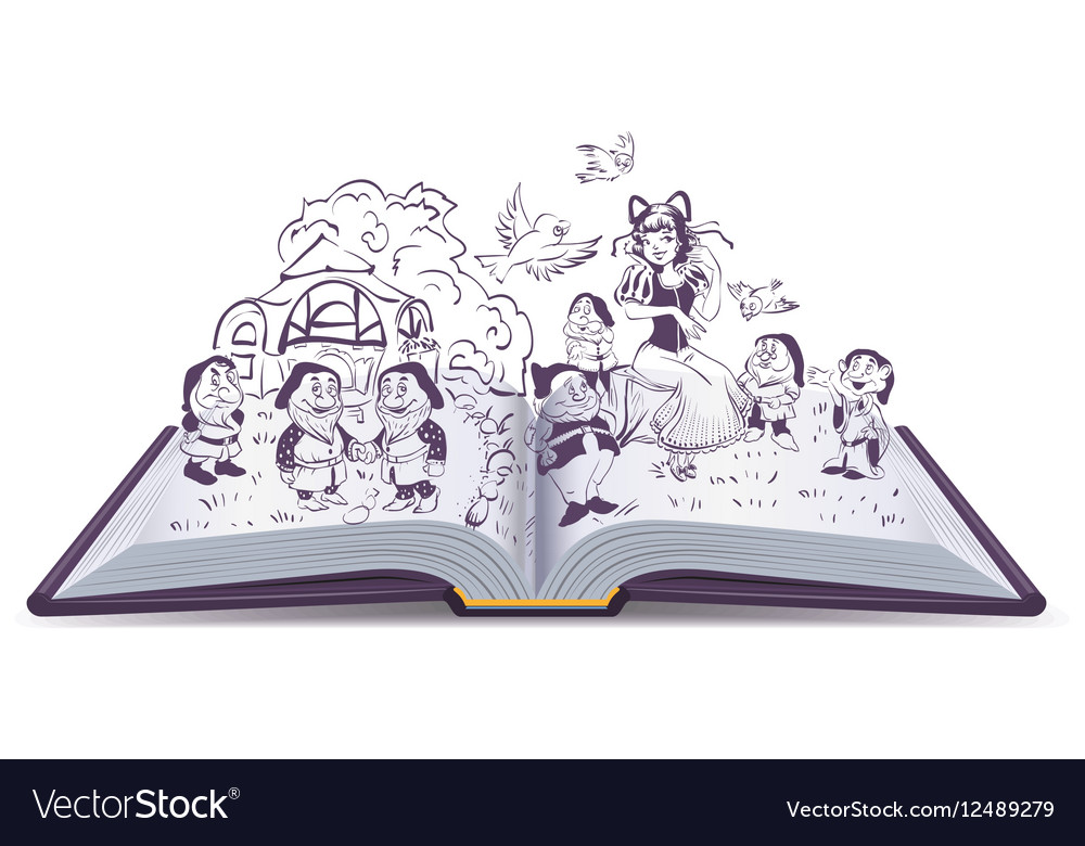 Open book Fairy tale Snow White and Royalty Free Vector