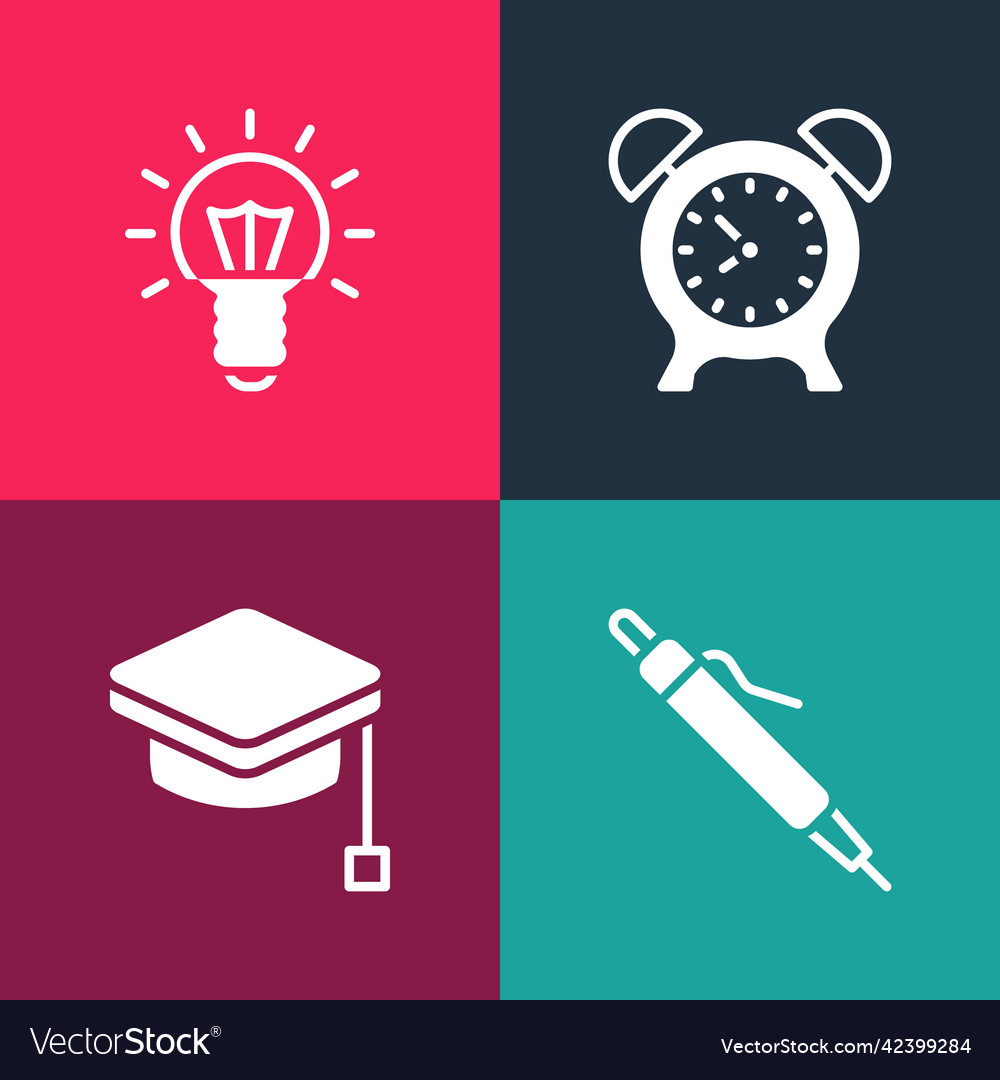 Set pop art pen graduation cap alarm clock Vector Image