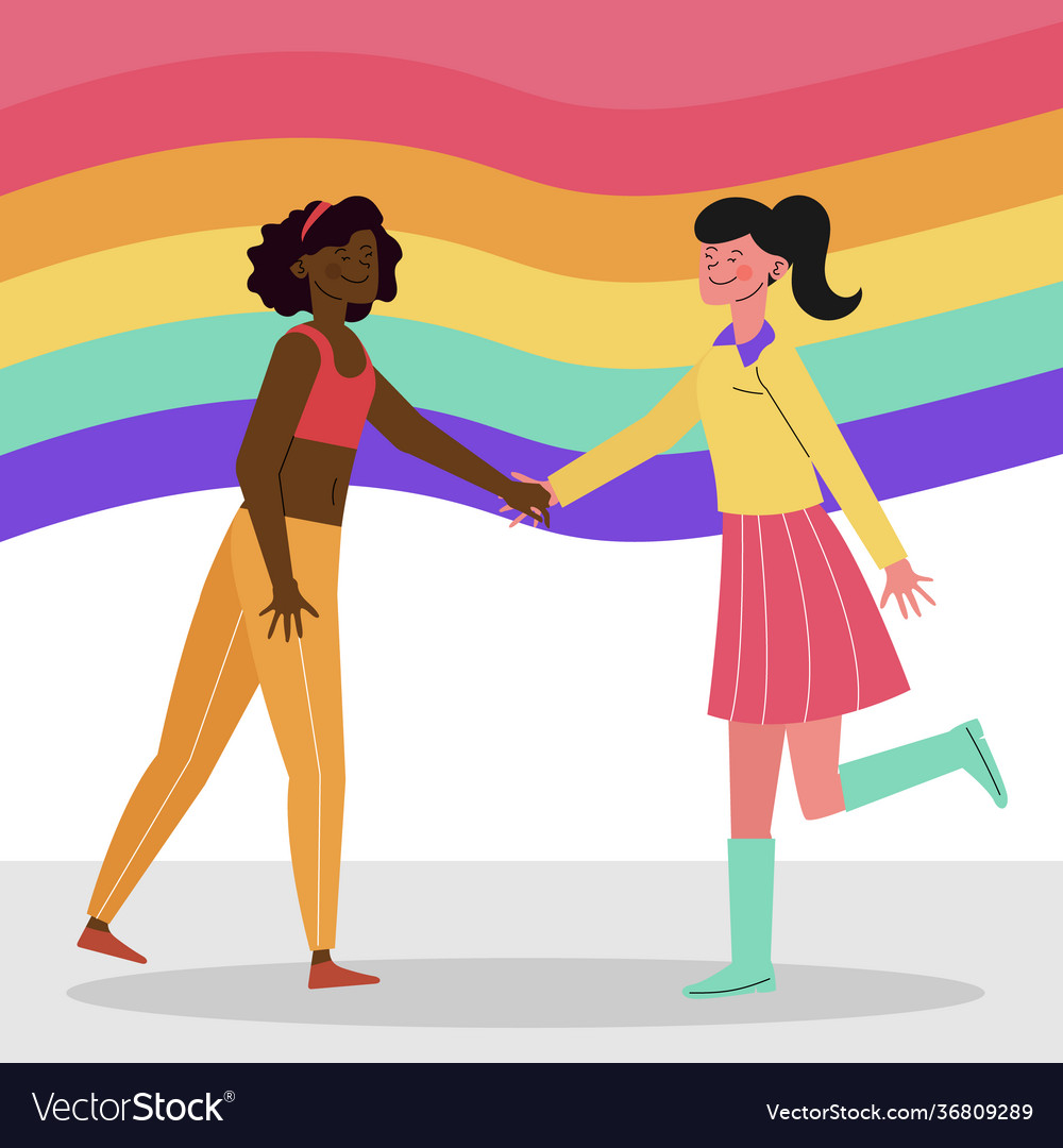 Lesbian couple with lgbt flag Royalty Free Vector Image