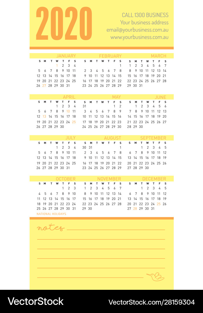 2020 calendar yellow Royalty Free Vector Image
