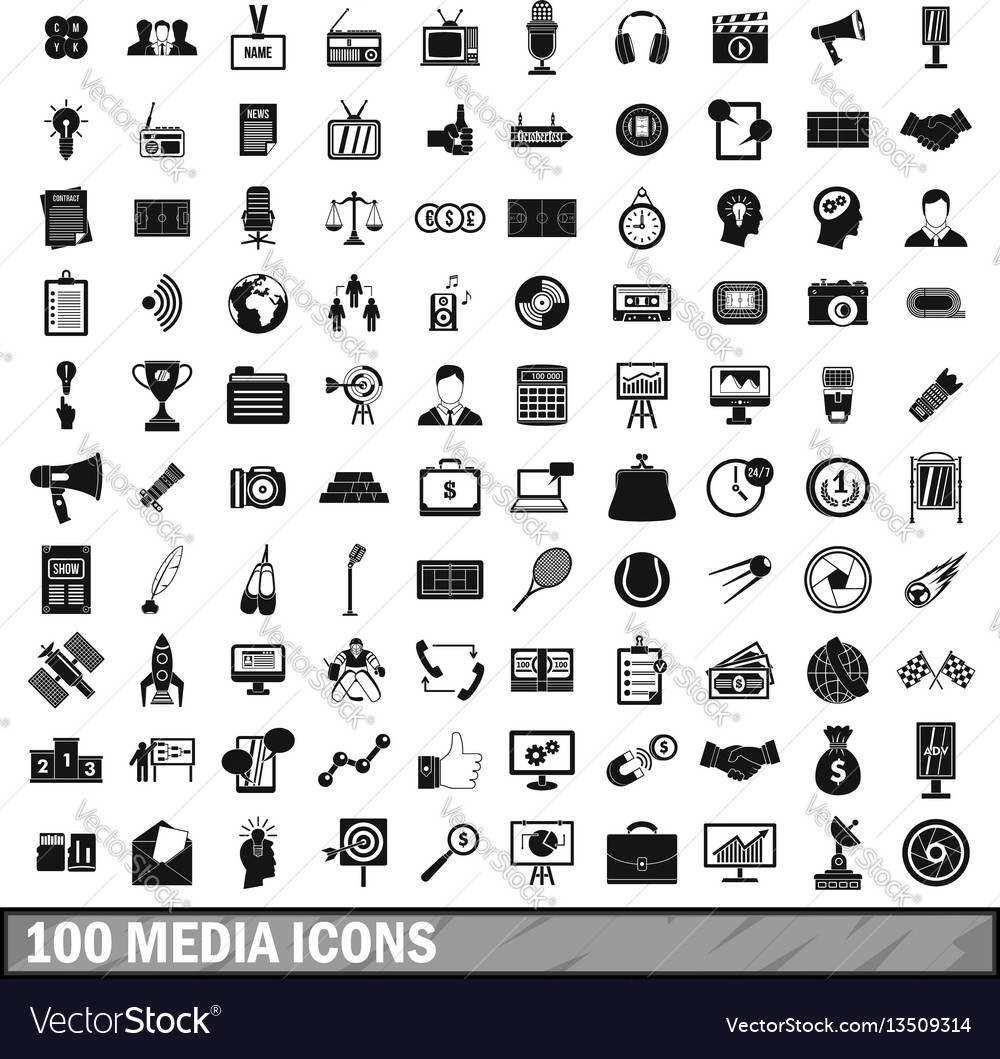 100 media icons set in simple style Royalty Free Vector