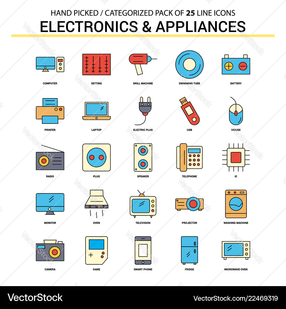 Electronics and appliances flat line icon set Vector Image