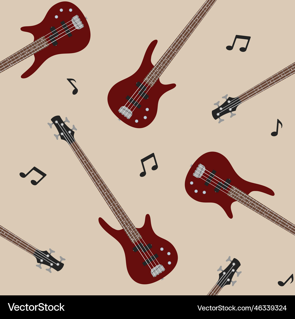 Seamless pattern with bass guitars and notes Vector Image