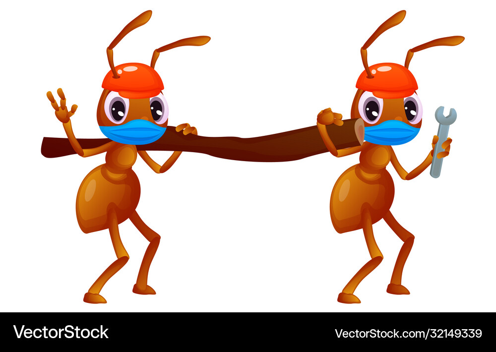 Two cute ants in hats with face masks Royalty Free Vector