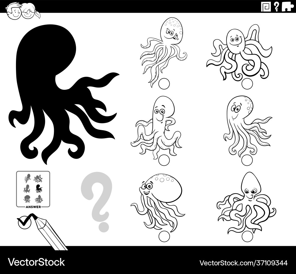 Shadows game with cartoon octopuses coloring book Vector Image