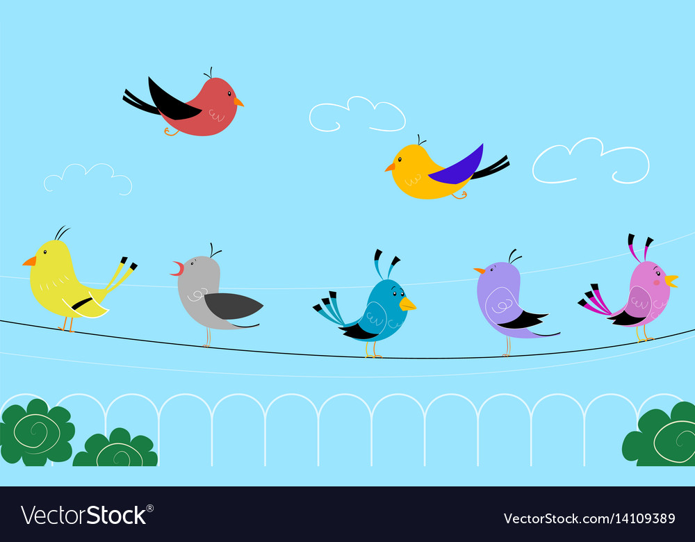 Colorful birds on wires Royalty Free Vector Image