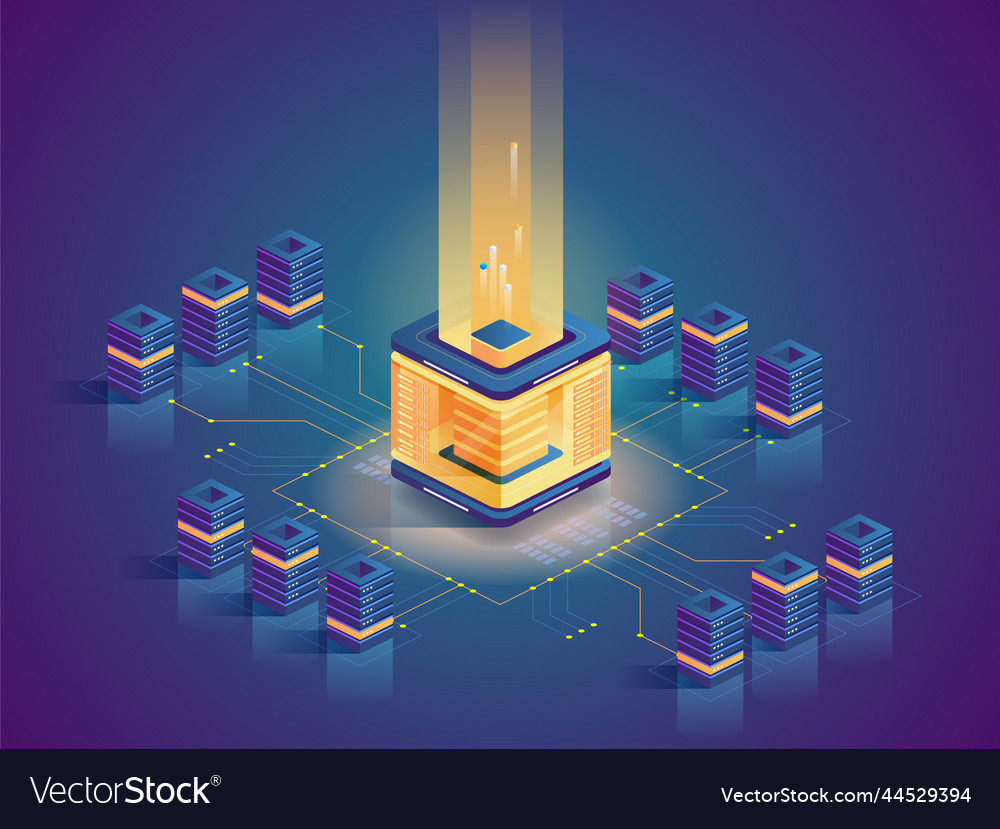 Cryptocurrency mining flat isometric Royalty Free Vector