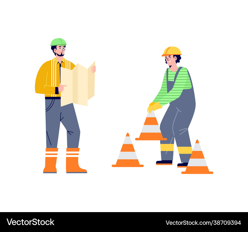 Road workers put traffic cones at construction Vector Image