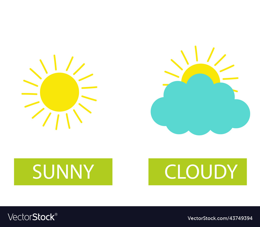 Sunny and cloudy antonyms word card Royalty Free Vector Sunny and cloudy antonyms word card Royalty Free Vector