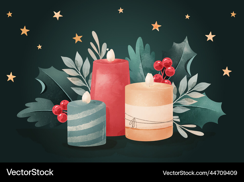 Watercolor christmas candle background design Vector Image