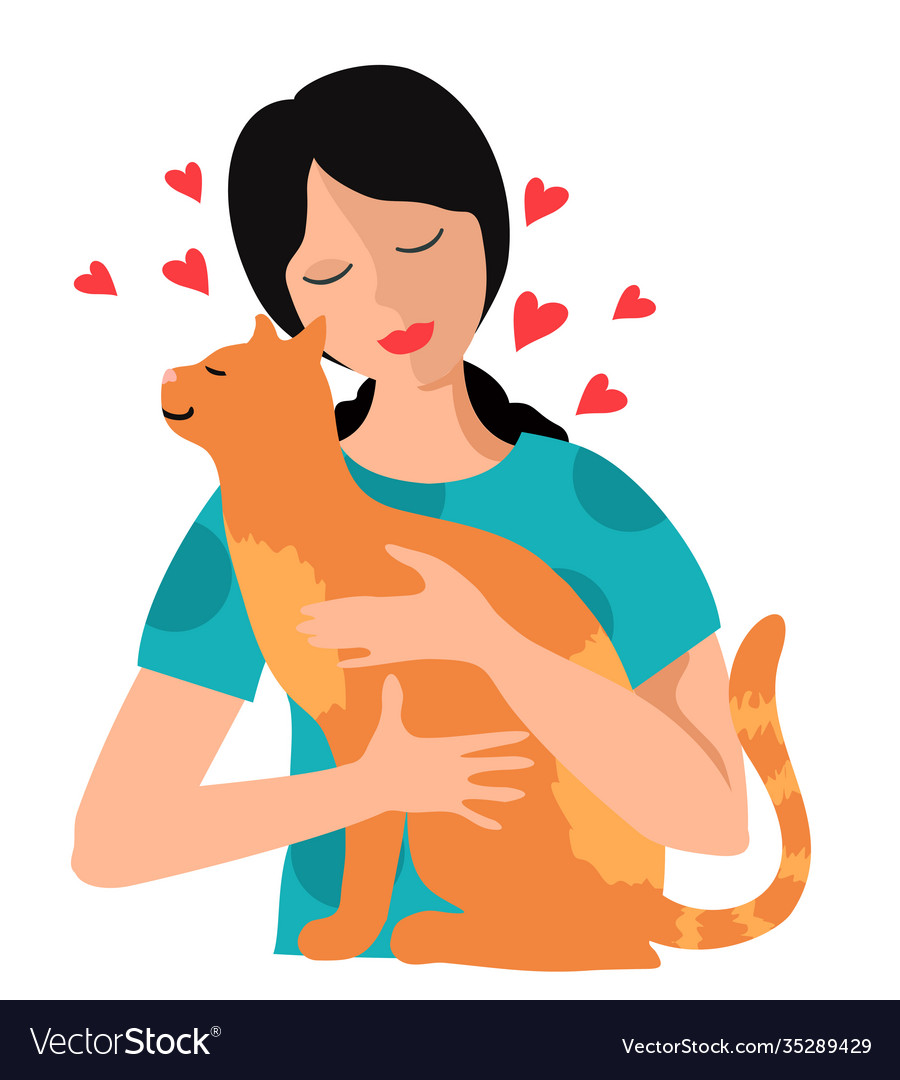 Girl hugging cat pet happy Royalty Free Vector Image