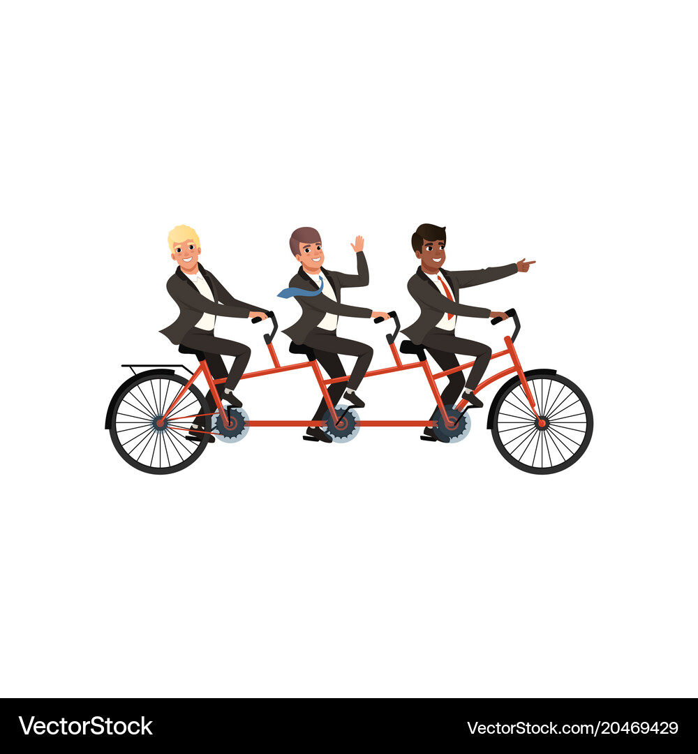 Three cheerful men in black classic suits riding Vector Image