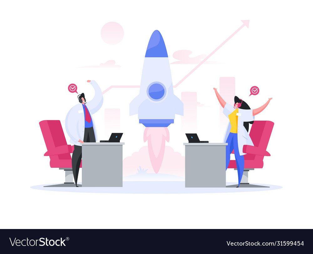 Happy engineers celebrating rocket launch flat Vector Image Happy engineers celebrating rocket launch flat Vector Image
