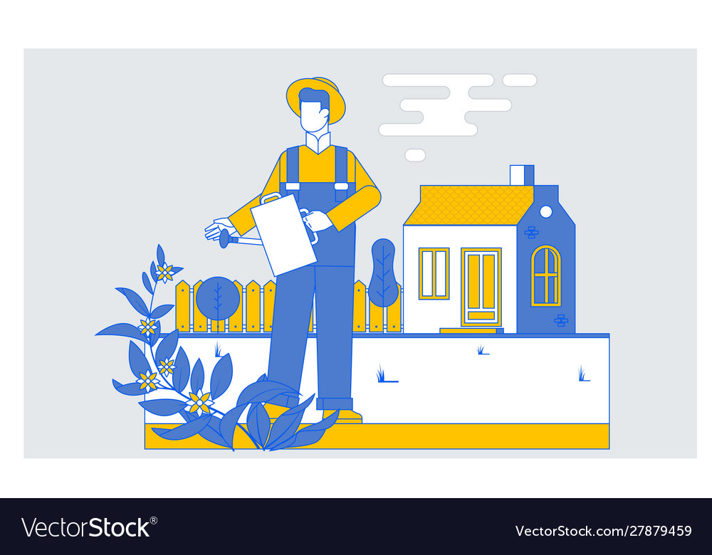 Man Farmer Watering A Flower Garden In Evening Vector Image