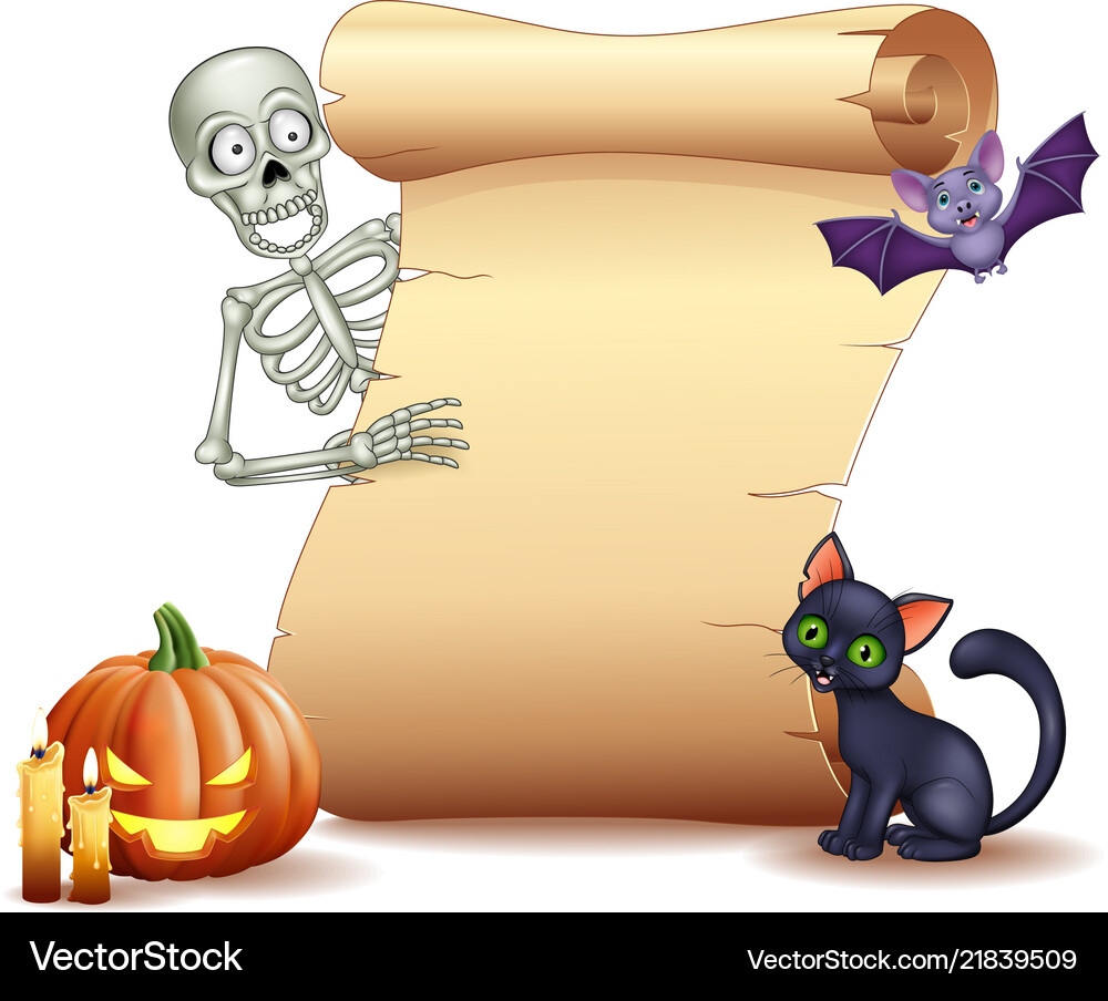 Halloween sign with skeleton bat pumpkin Vector Image