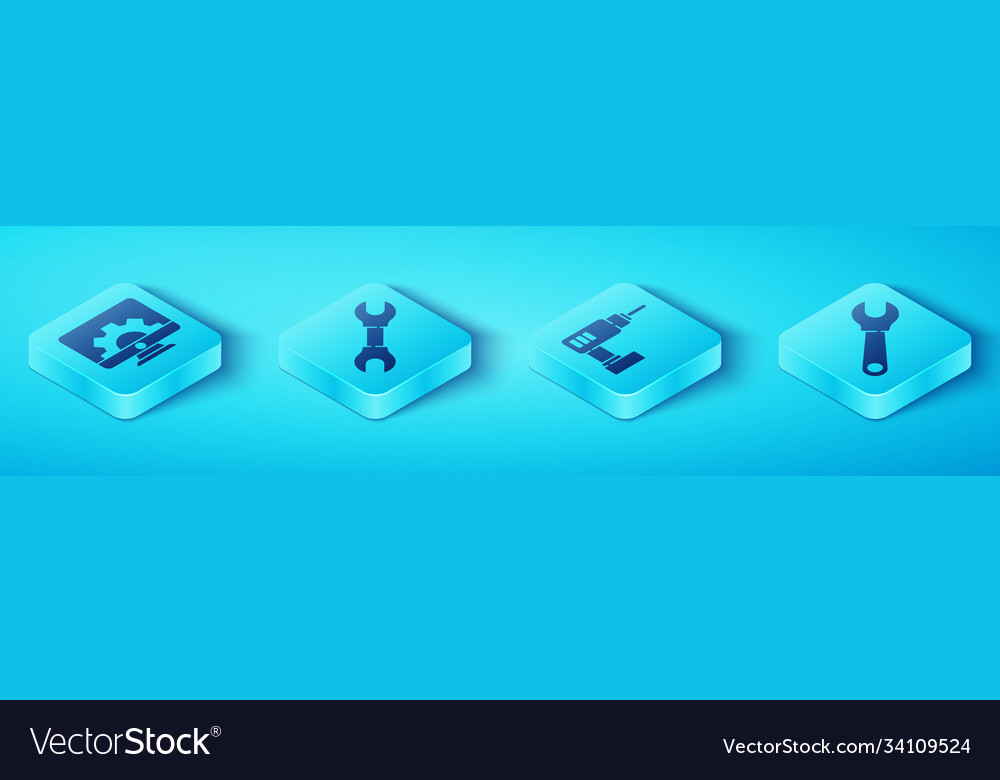 Set isometric computer monitor and gear wrench Vector Image