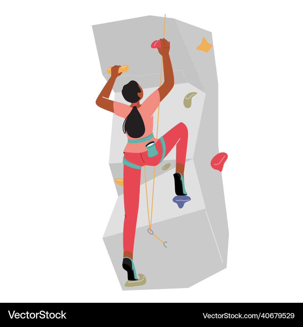 Female character rock climber climbing wall Vector Image