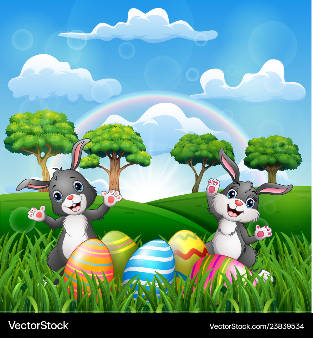 Happy easter with two bunnies on nature Royalty Free Vector
