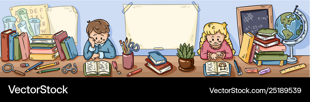 Children sitting at school library and reading Vector Image