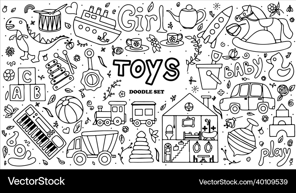 Toys doodle stickers set hand draw Royalty Free Vector Image