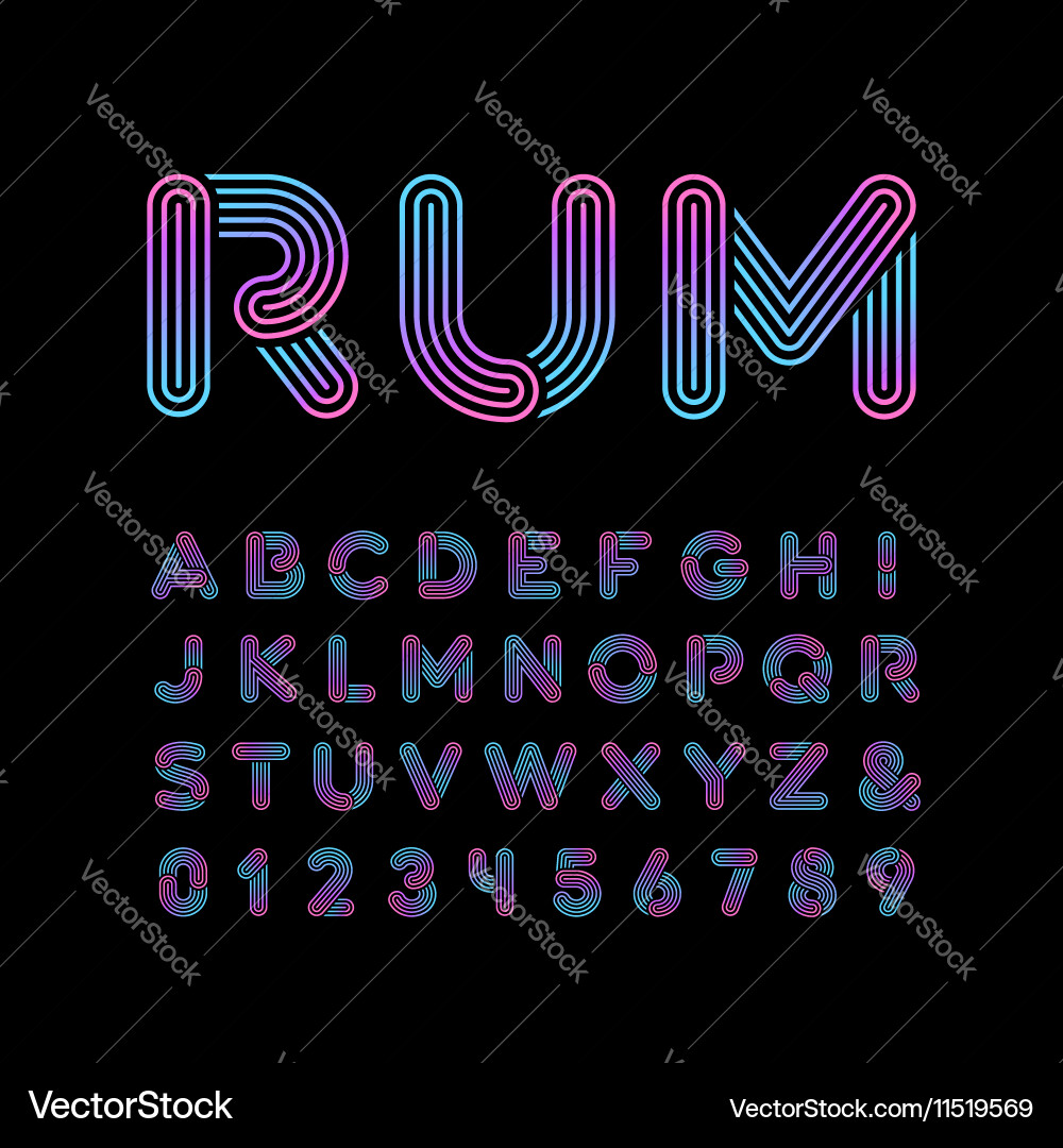 Neon font alphabet with neon stripes effect Vector Image