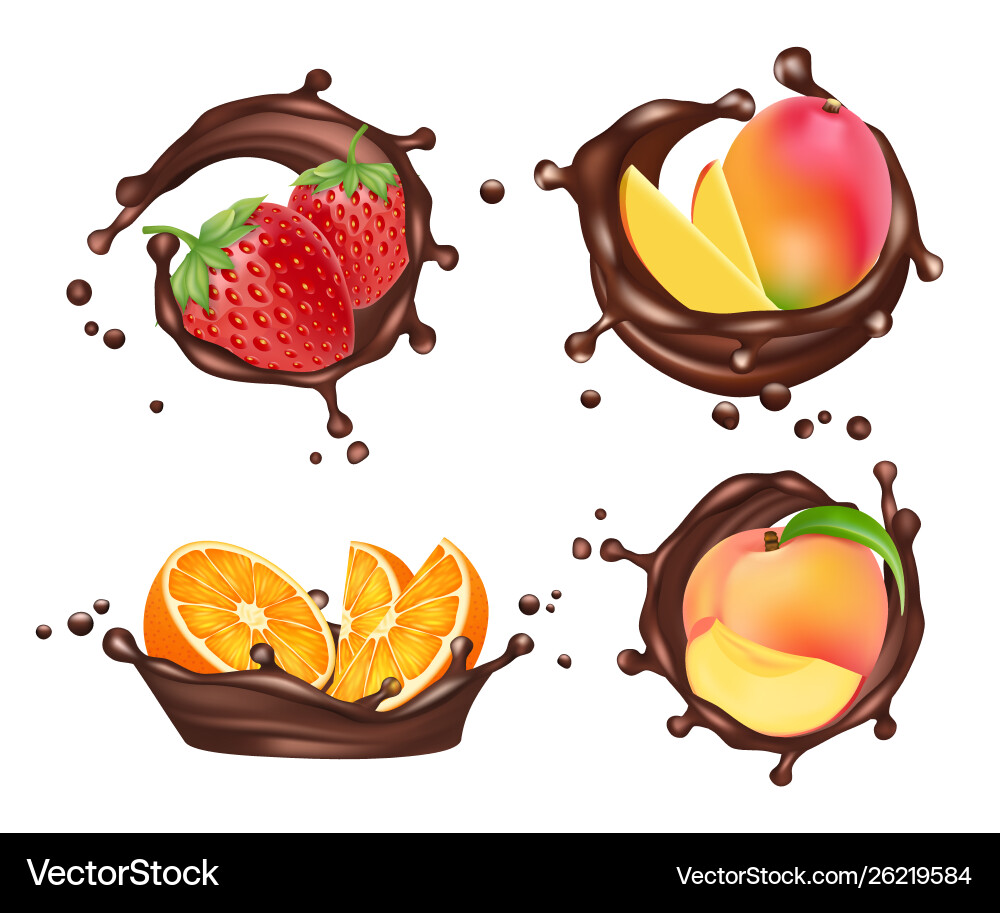 Chocolate splashes with fruits and berries Vector Image