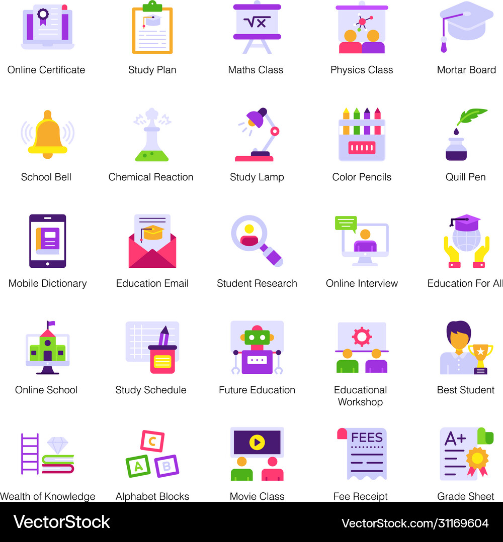 Learning and education flat icons pack Royalty Free Vector