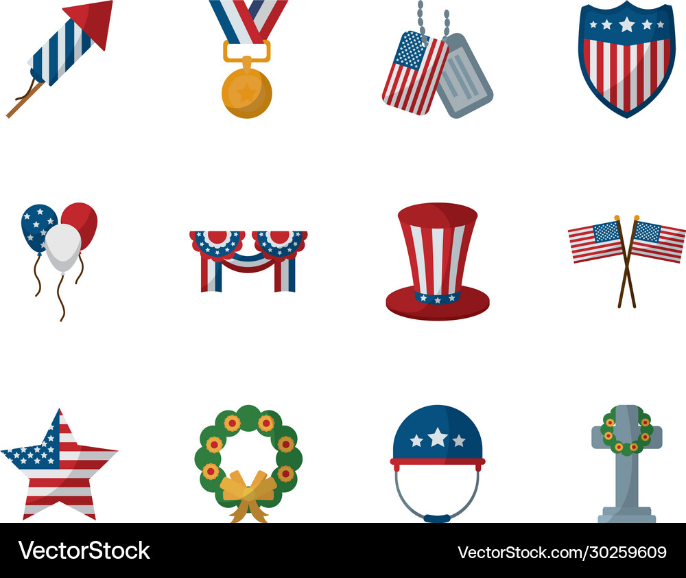 Memorial day flat style icon set design Royalty Free Vector