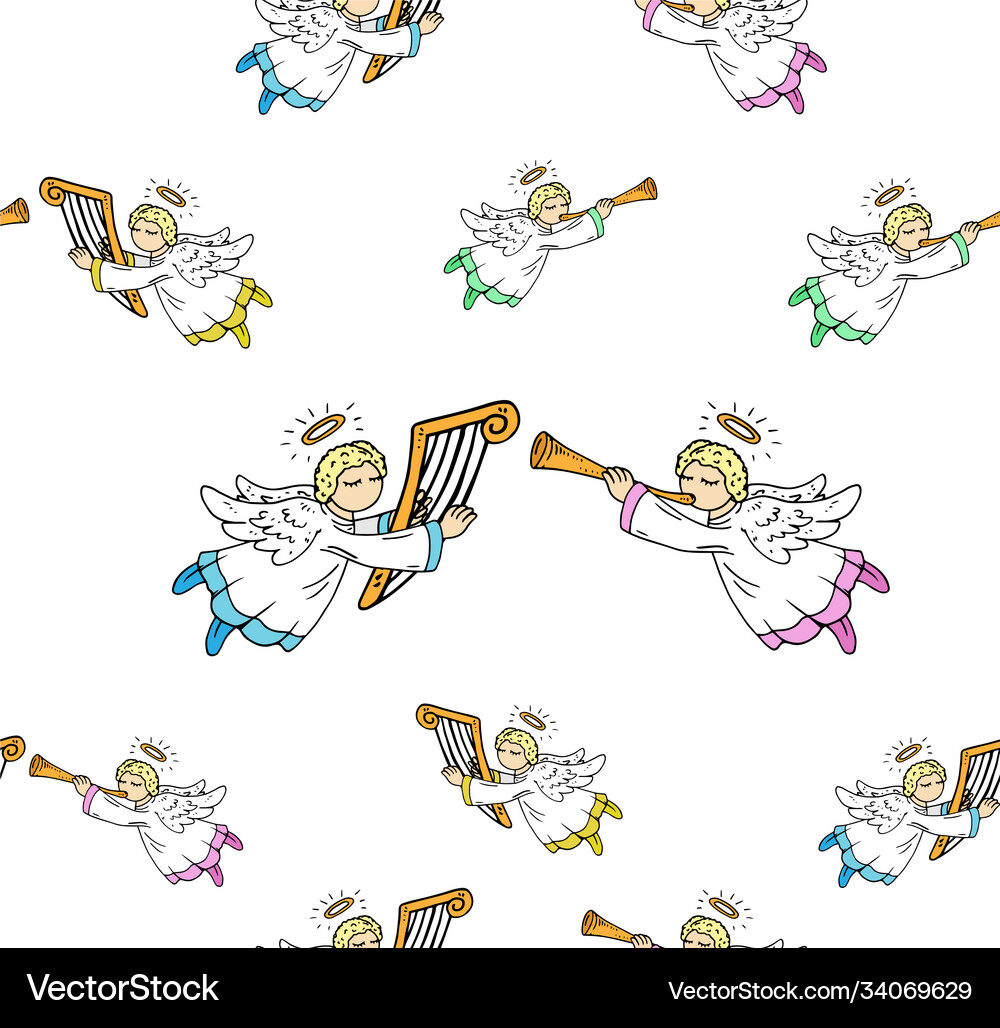 Little angels with musical instruments seamless Vector Image