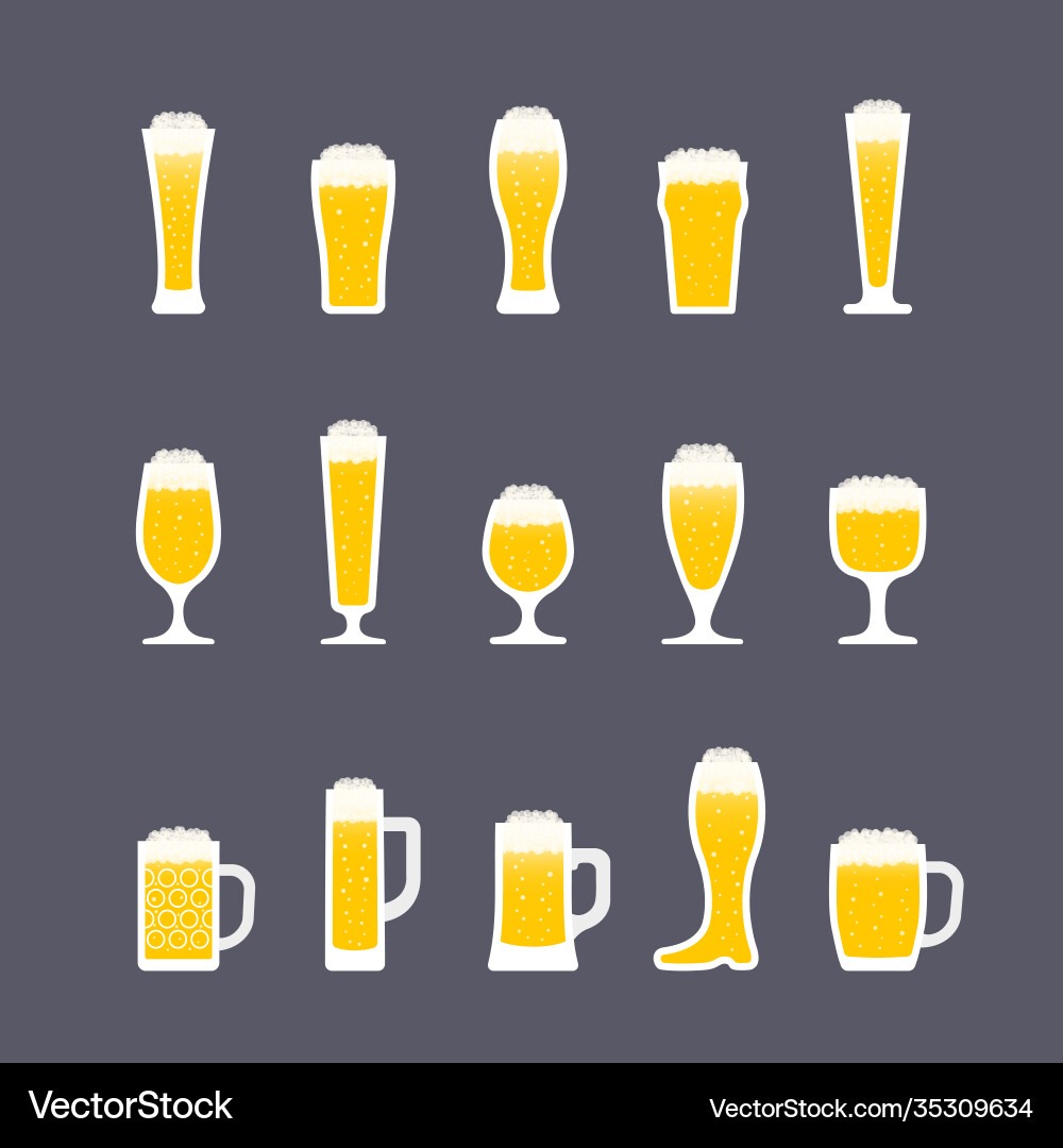 Beer glasses with foam and bubbles icon set in Vector Image