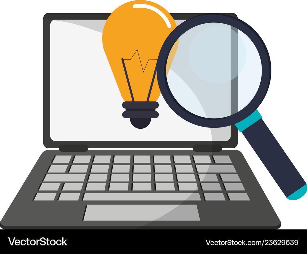 Laptop with bulb light and magnifying glass Vector Image
