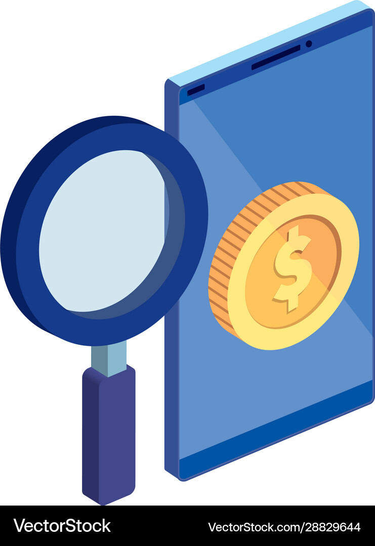 Smartphone with coin and magnifying glass Vector Image