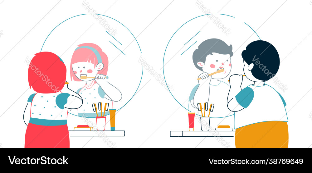 Children brushing teeth - colorful line design Vector Image
