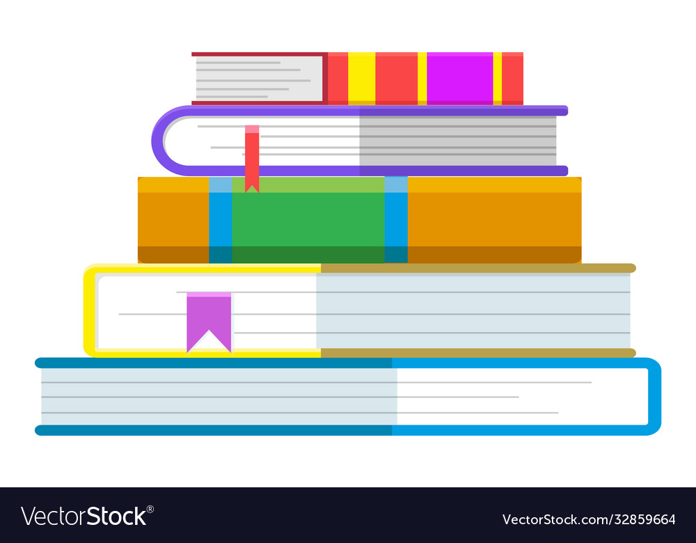 Pile books with hardcovers and bookmarks Vector Image